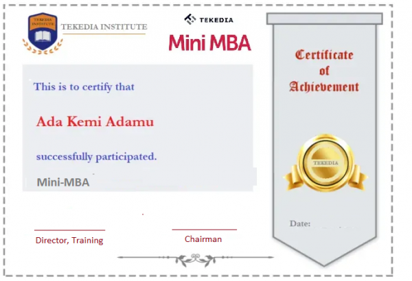 Sample of Tekedia Mini-MBA Certificate Unveiled - Tekedia