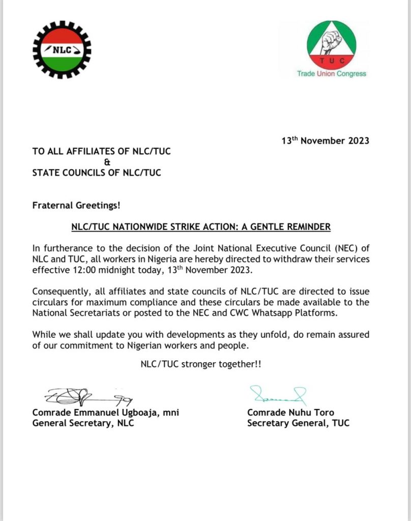 Labor Unions, NLC and TUC, Order A Nationwide Strike, Despite Restraining Court Order in Nigeria ...